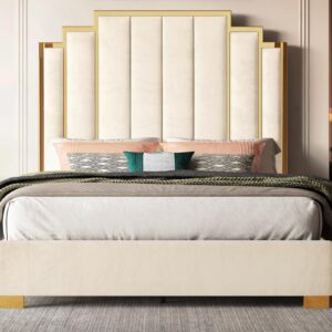 Albott Queen Size Platform Bed Frame, 61.4" Velvet Upholstered Bed with Gold Trim Headboard/Wooden Slats/No Box Spring Needed/Cream