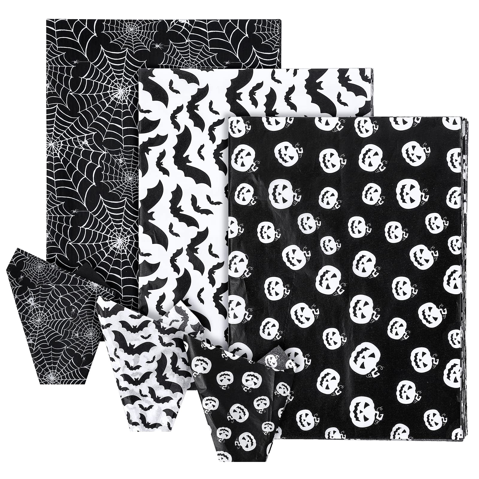 Whaline 60 Sheet Halloween Tissue Paper Black and White Wrap Tissue Paper with Cobweb Bat Pumpkin Pattern Gift Wrapping Paper for Fall Halloween Party Gift Packing DIY Craft, 13.8 x 19.7 Inch