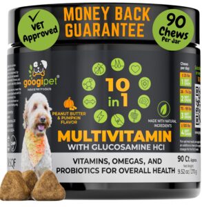 googipet premium 10 in 1 dog vitamins multivitamin chewable w/dog probiotics for gut health, dog vitamins and supplements w/vitamin c & glucosamine for joint support (peanut butter & pumpkin flavor)