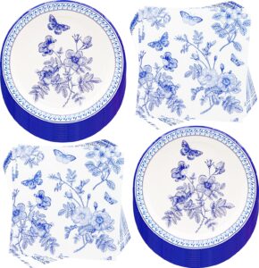 80 pcs blue white flower party supplies blue and white floral set 7"blue white floral paper plates napkins for floral party theme bridal shower wedding tea party floral birthday party decor |serves40