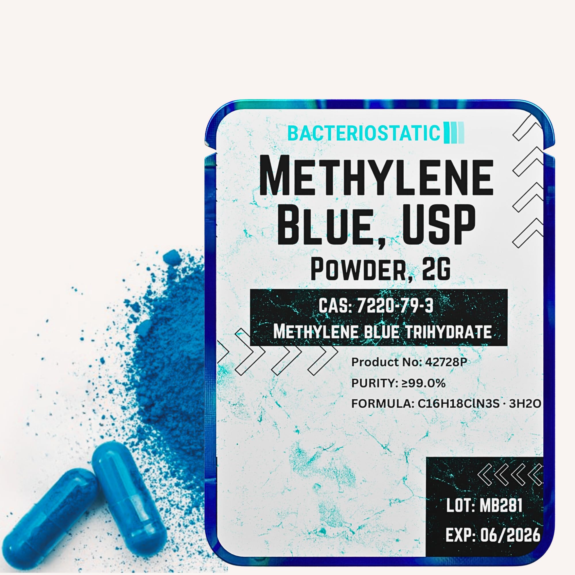 Methylene Blue, Powder 2 Grams Pharmaceutical Grade in Capsules- Makes 200 mL of 1% Aqueous Solution USP