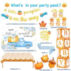 Fiesec Little Pumpkin Baby Shower Decorations for Boy, Thanksgiving Fall Baby Shower Backdrop Balloon Garland Maple Leaf Banner Tablecloth Box Cutout Cake Cupcake Topper Sash Blue Orange 173 PCs