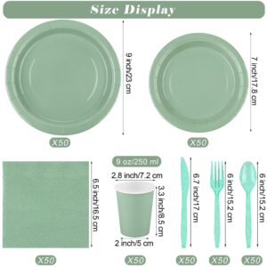 durony 350 Pcs Sage Green Party Tableware Set for 50 Guests Include 7, 9 Inch Paper Dessert Plates Napkins Cups Forks Cutlery Disposable for Bridal Shower Wedding Birthday Party Decorations Supplies