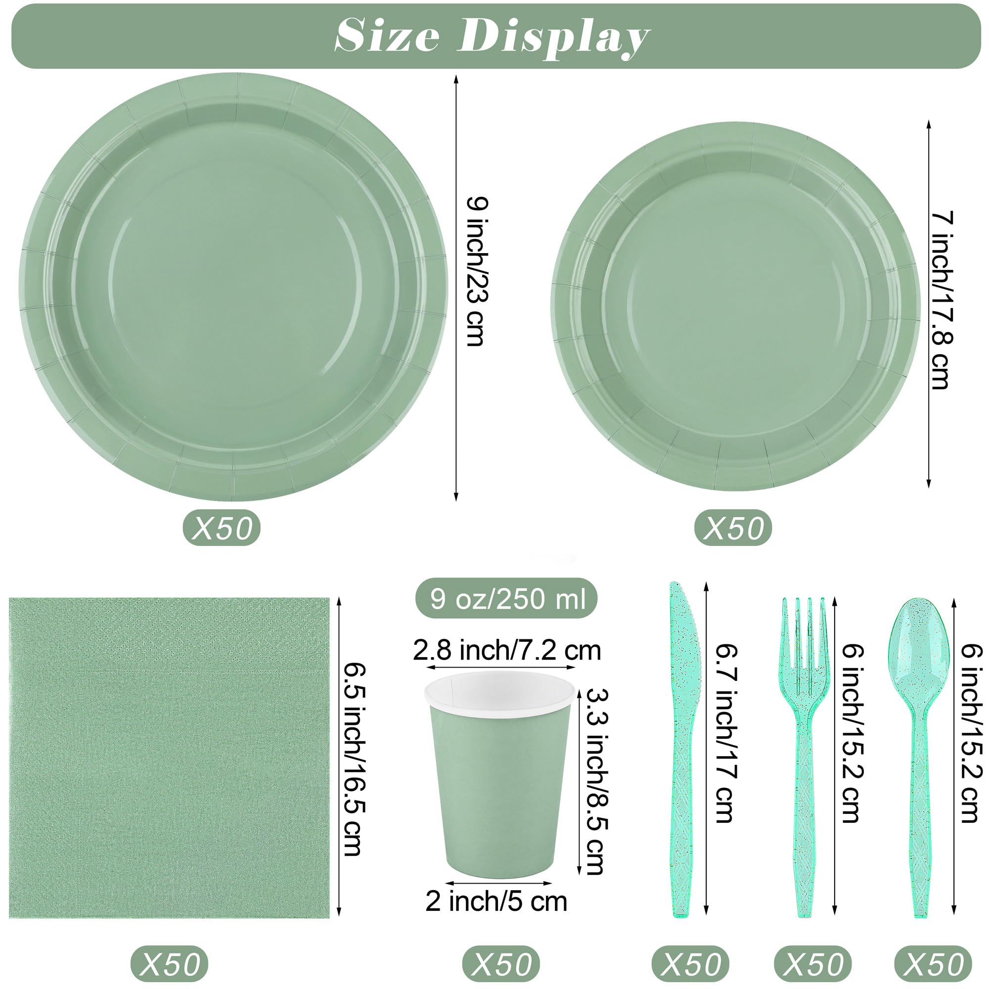 durony 350 Pcs Sage Green Party Tableware Set for 50 Guests Include 7, 9 Inch Paper Dessert Plates Napkins Cups Forks Cutlery Disposable for Bridal Shower Wedding Birthday Party Decorations Supplies