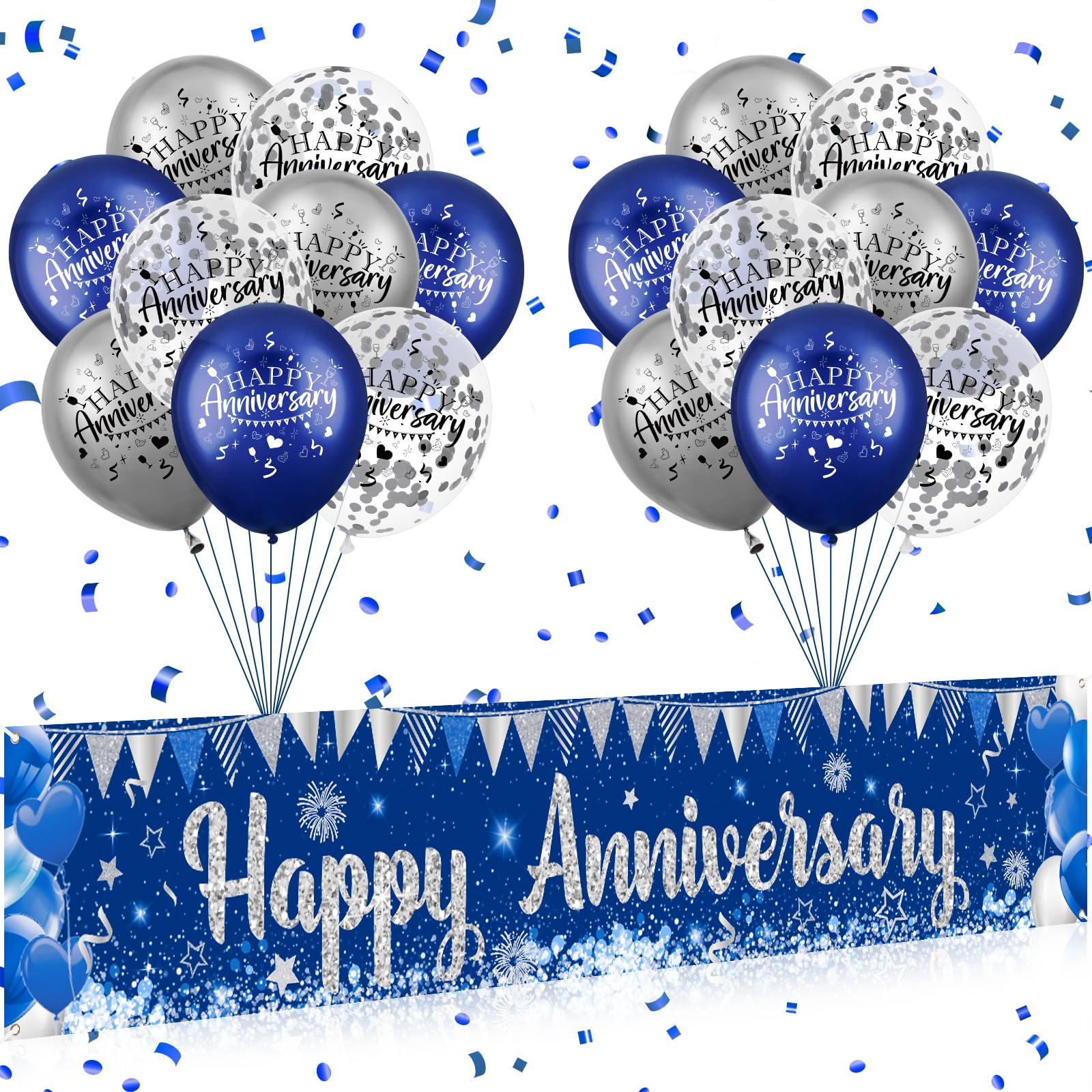 Blue Happy Anniversary Decorations for Men Women, Silver Blue Happy Anniversary Banner 18pcs Silver Navy Blue Happy Anniversary Balloons Party Decor for Wedding Anniversary Decorations Kit Supplies