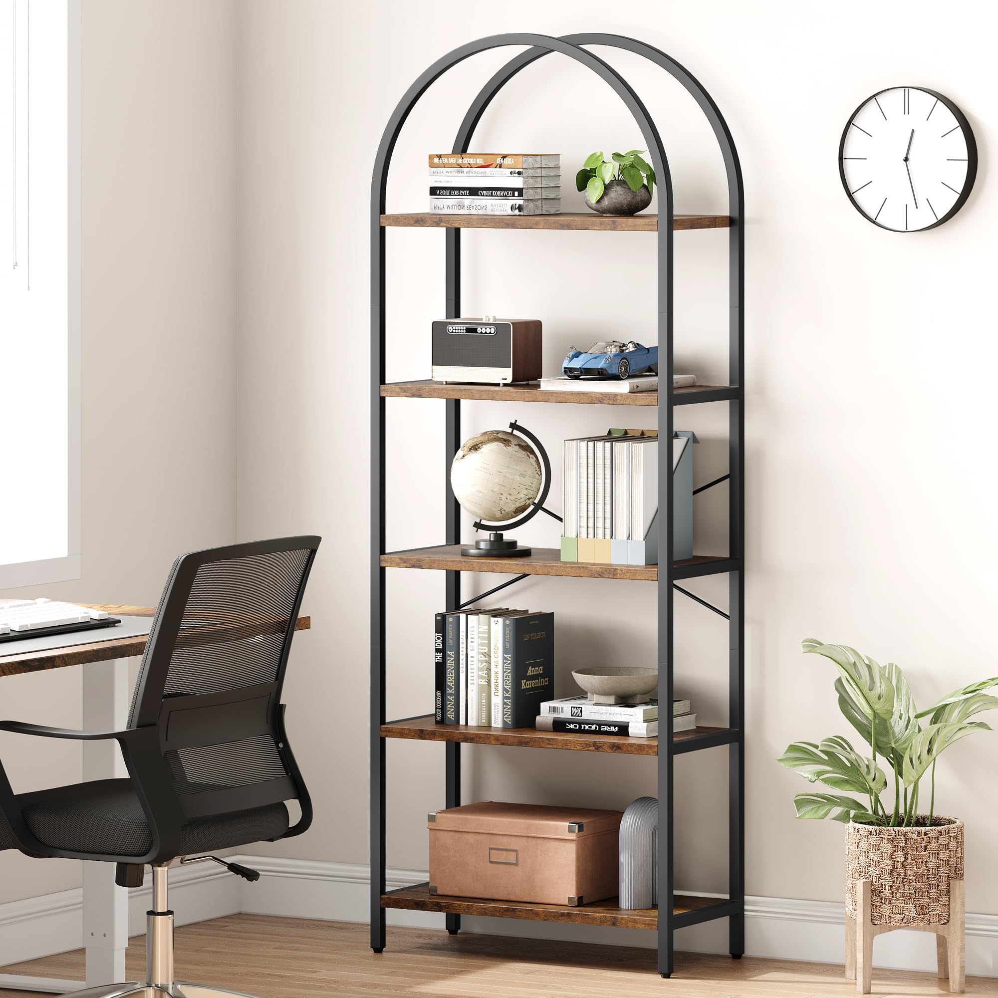 GAOMON 5 Tier Bookshelf Arched Bookcase Modern Standing Bookshelves Tall Display Racks Metal Book Shelf for Bedroom, Living Room, Home Office