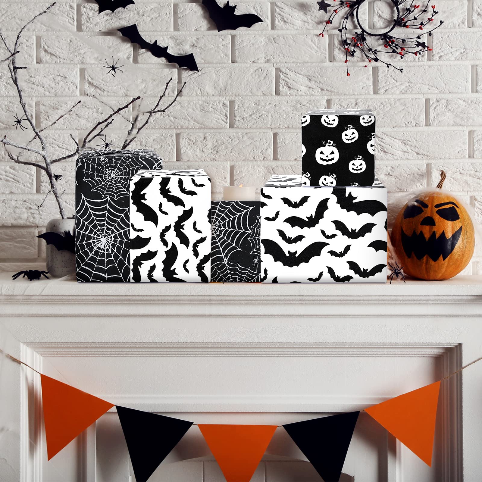 Whaline 60 Sheet Halloween Tissue Paper Black and White Wrap Tissue Paper with Cobweb Bat Pumpkin Pattern Gift Wrapping Paper for Fall Halloween Party Gift Packing DIY Craft, 13.8 x 19.7 Inch