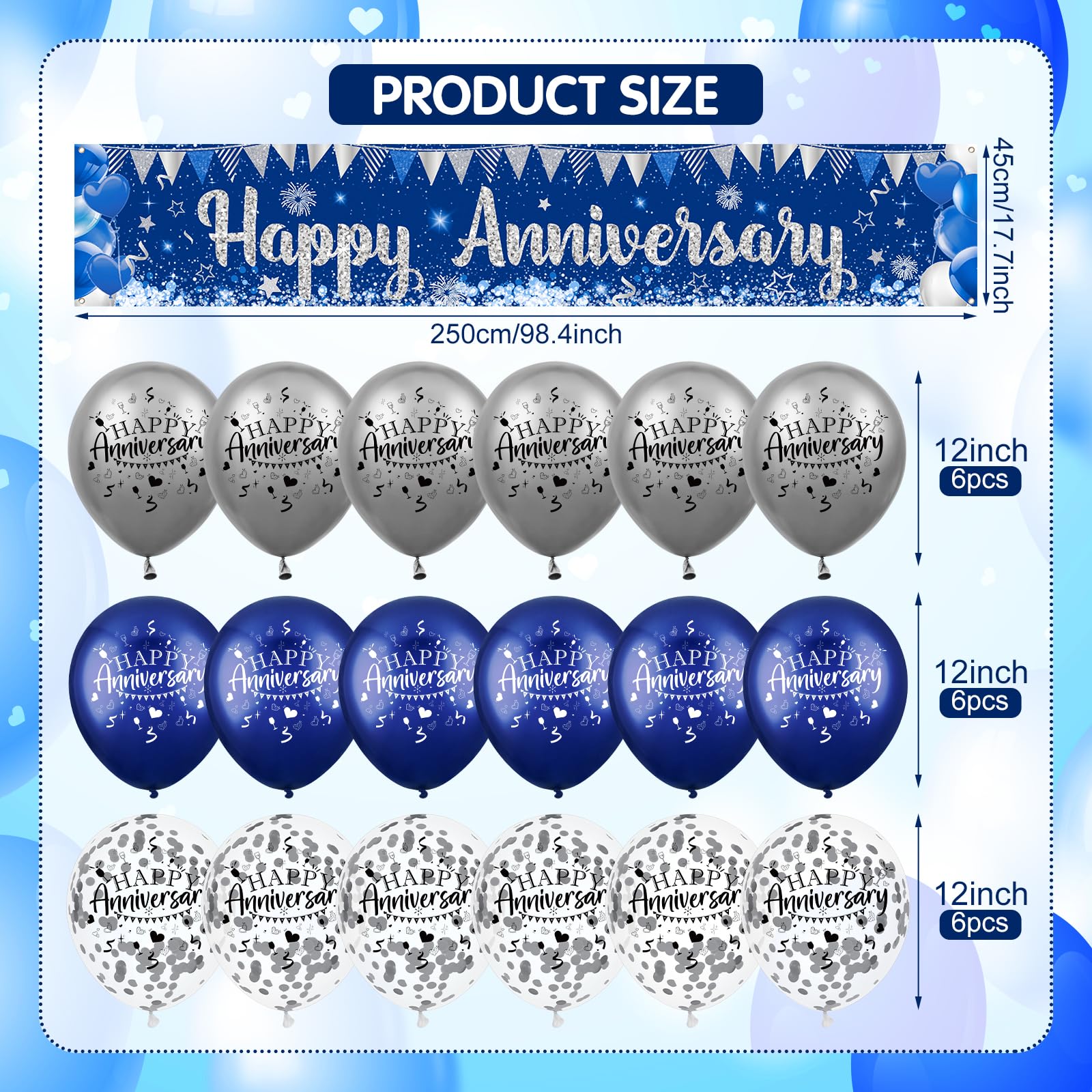 Blue Happy Anniversary Decorations for Men Women, Silver Blue Happy Anniversary Banner 18pcs Silver Navy Blue Happy Anniversary Balloons Party Decor for Wedding Anniversary Decorations Kit Supplies