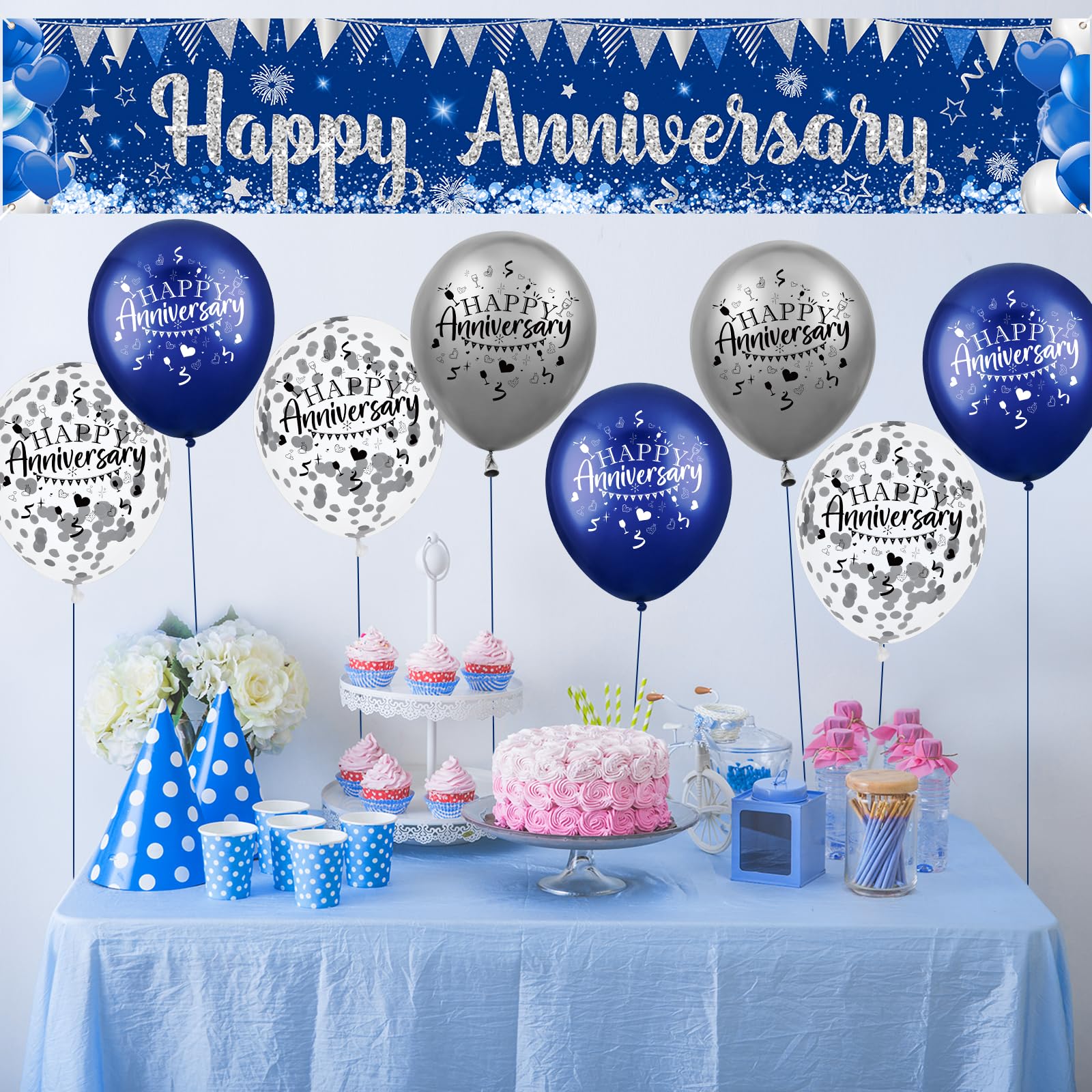 Blue Happy Anniversary Decorations for Men Women, Silver Blue Happy Anniversary Banner 18pcs Silver Navy Blue Happy Anniversary Balloons Party Decor for Wedding Anniversary Decorations Kit Supplies