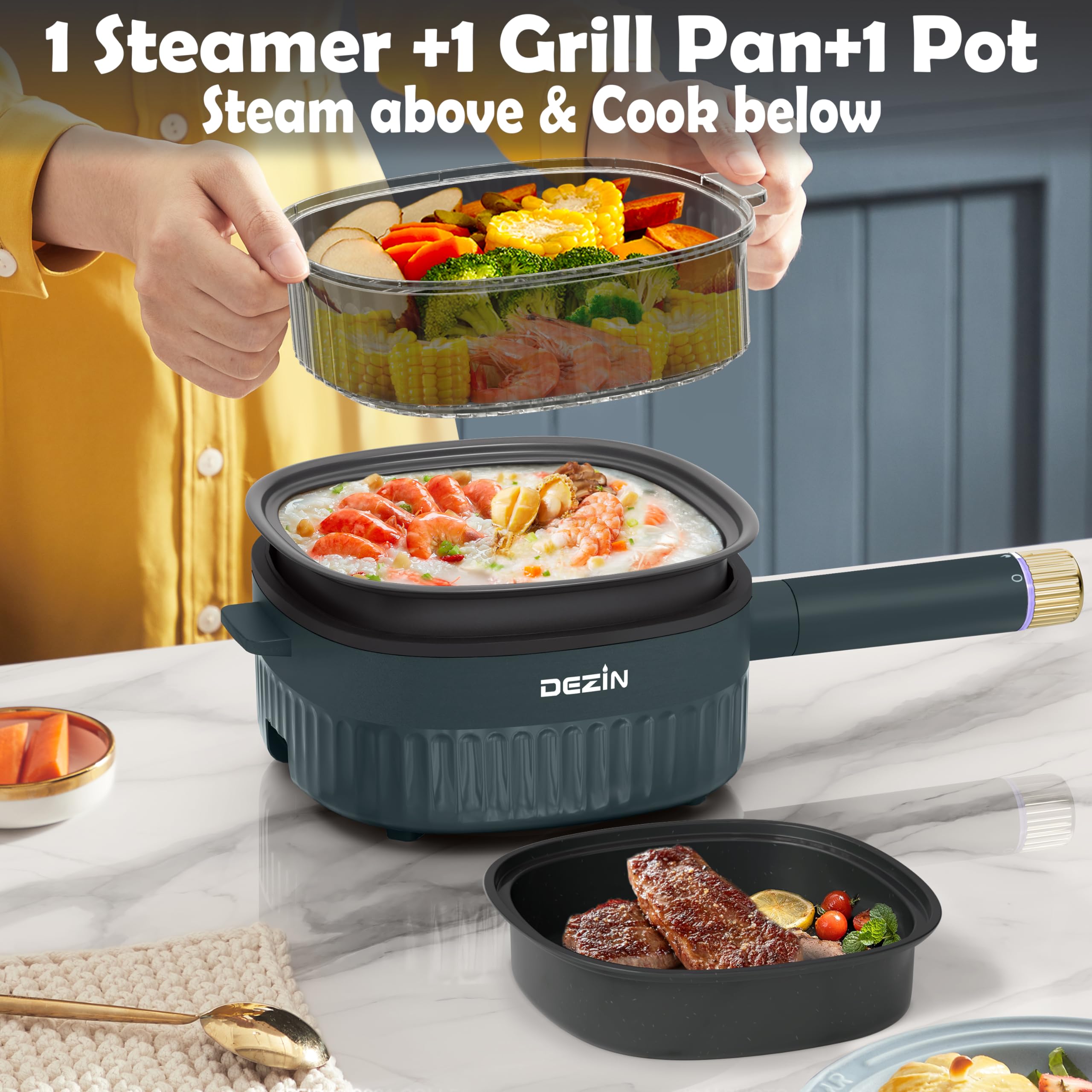 DEZIN Hot Pot Electric 3L, Non-Stick Electric Pot with 2L Grill Pan & 2.5L Steamer, 3-in-1 Electric Cooker with Dual Power Level for Dorm, Family & Friend Gathering, 1000W Rapid Pot