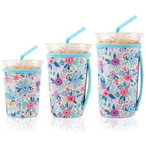 3 reusable iced coffee sleeves for iced coffee cups or drinks reusable neoprene insulated sleeves for hot and cold drinks from starbucks, dunkin, and more (white flower bush)