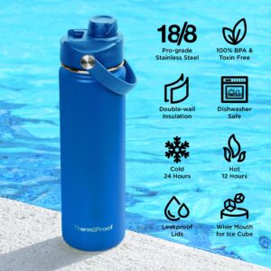 ThermoProof Hot & Cold Insulated Stainless Steel Water Bottle, Durable Leak Proof Gym Bottles for Men, Women & Kids, Double Walled Vacuum Bottles - 2 Lids (Blue, 22oz)