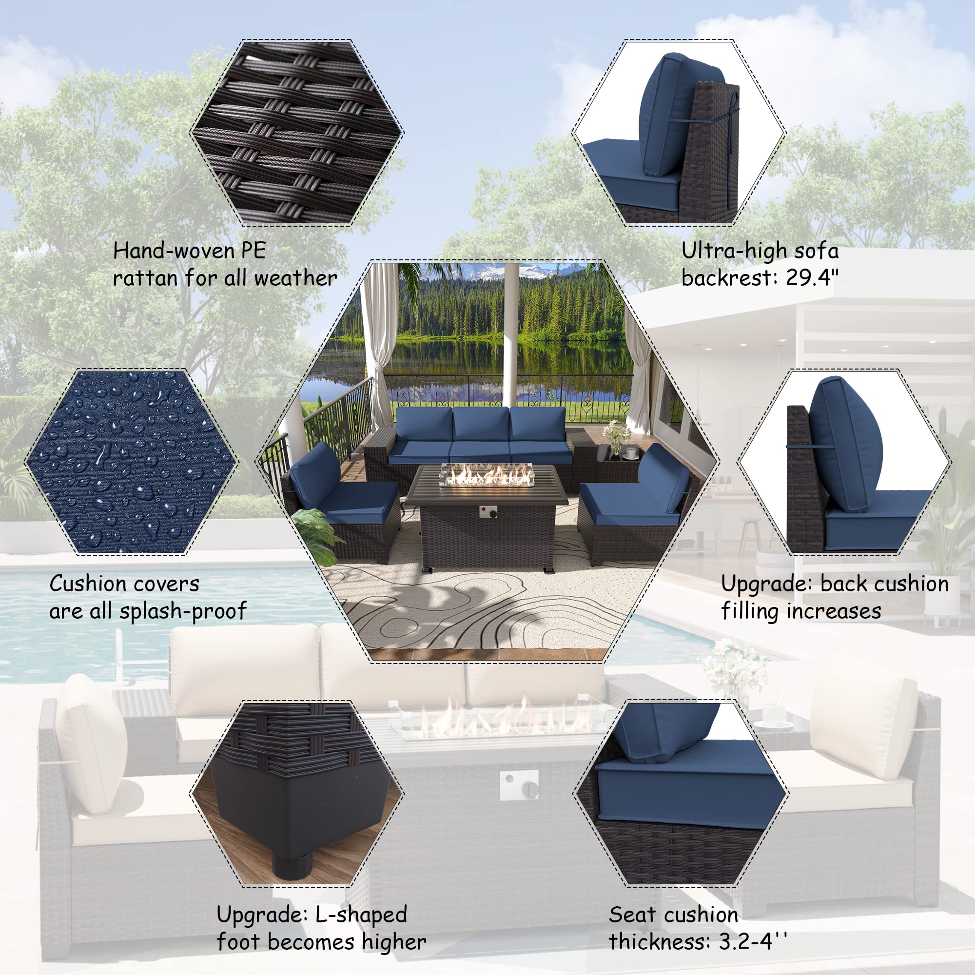 ALAULM 7 Pieces Patio Furniture Set with Propane Fire Pit Table Outdoor Sectional Sofas Outdoor Patio Furniture 43in Gas Fire Pit Patio Conversation Set w/5 Cushions-Navy Blue