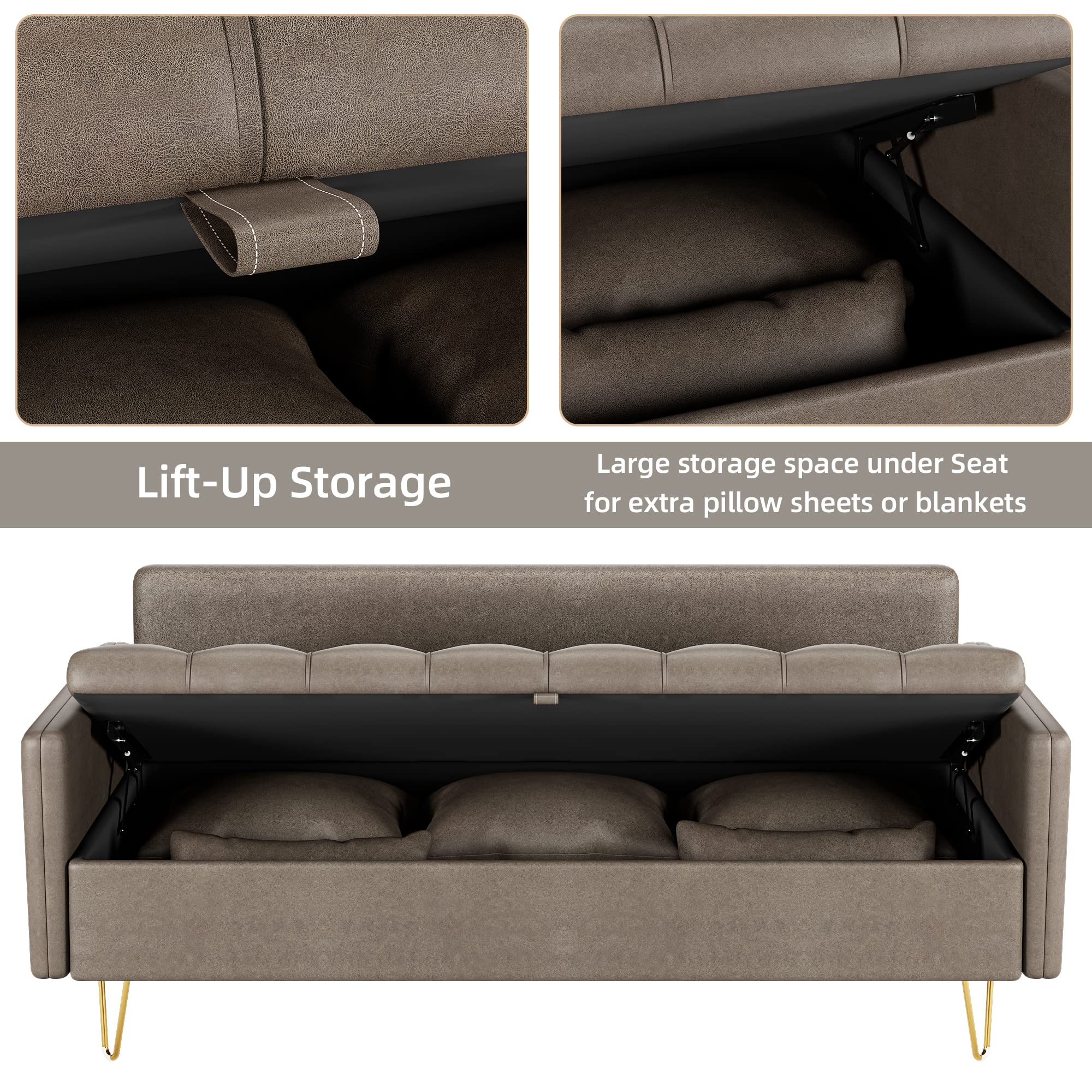 GAOMON Faux Leather Sofa, Couches with Metal Gold Legs, Lift-up Storage Box, and Hand Stitched Details - Versatile for Living Room or Bedroom in Dark Brown