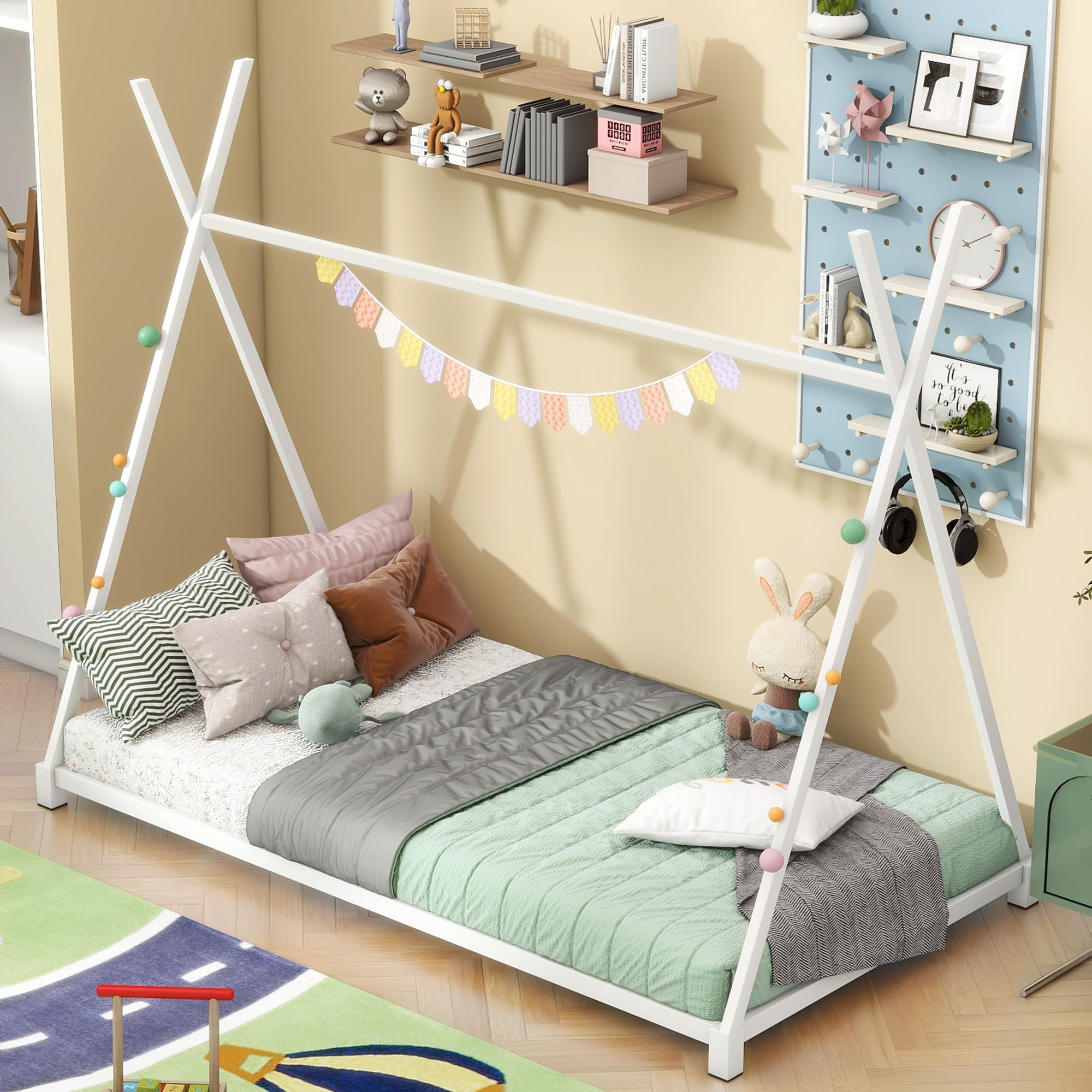 Harper & Bright Designs Twin Floor Bed for Kids, Montessori Bed, Playhouse Bed Frame, Twin Tent Complete Bed, Metal Floor Twin Bed for Kids, Boys, Girls, No Box Spring Needed (White, Twin)