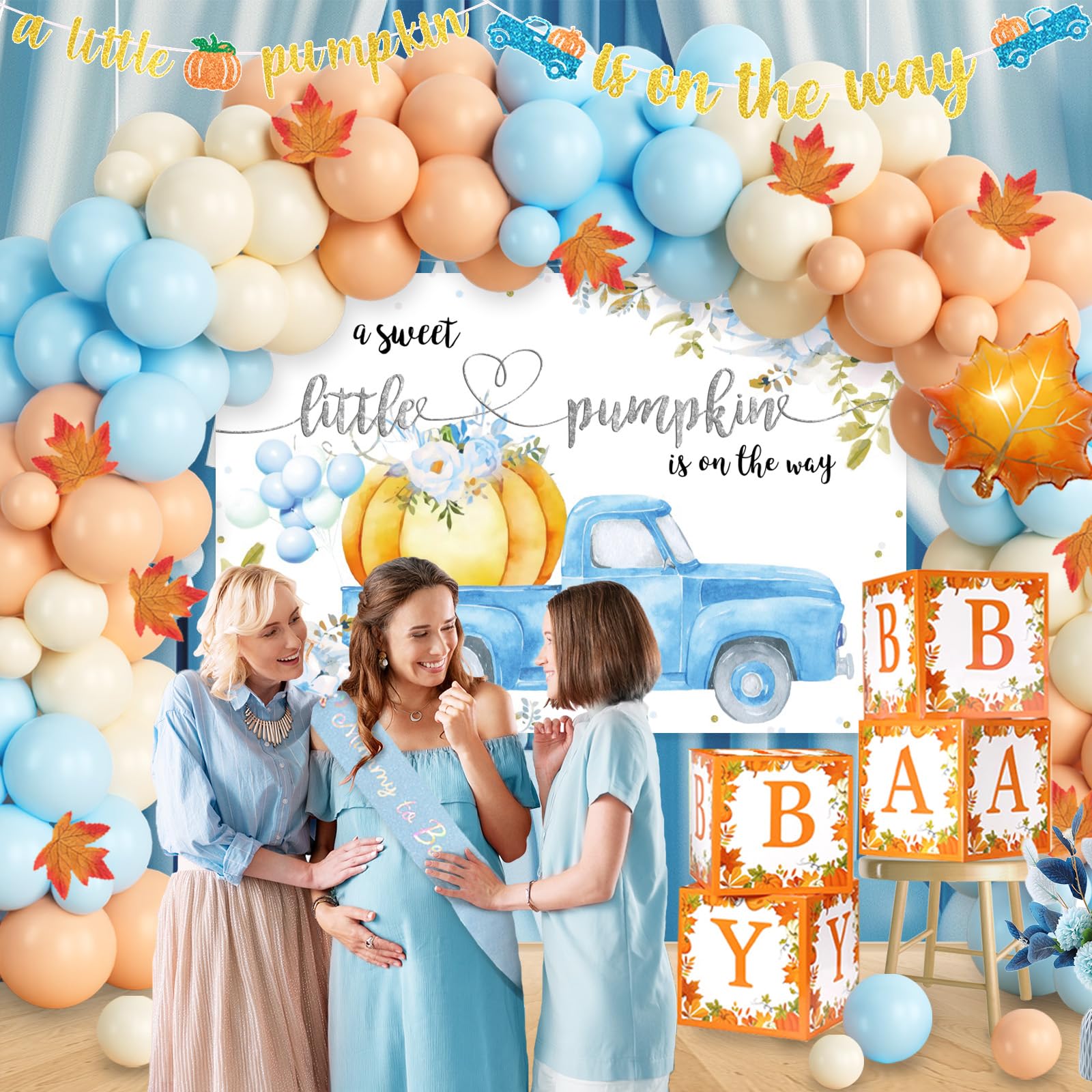 Fiesec Little Pumpkin Baby Shower Decorations for Boy, Thanksgiving Fall Baby Shower Backdrop Balloon Garland Maple Leaf Banner Tablecloth Box Cutout Cake Cupcake Topper Sash Blue Orange 173 PCs