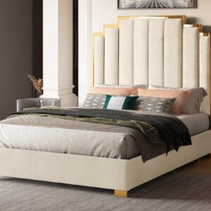 Albott Queen Size Platform Bed Frame, 61.4" Velvet Upholstered Bed with Gold Trim Headboard/Wooden Slats/No Box Spring Needed/Cream