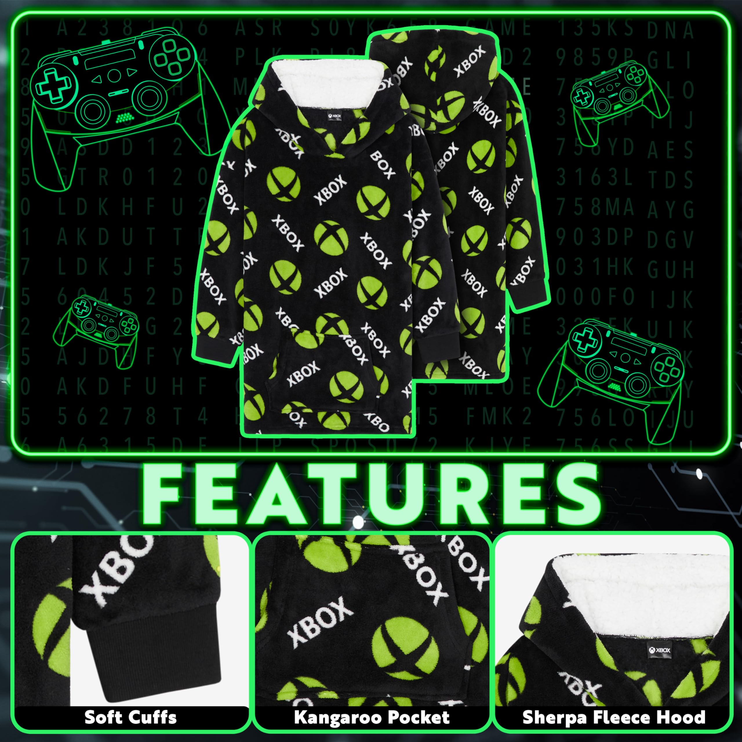 Xbox Fleece Blanket Hoodie for Boys and Teenagers - One Size Cosy Kids Oversized Hoodie Blanket - Gamer Gifts for Boys