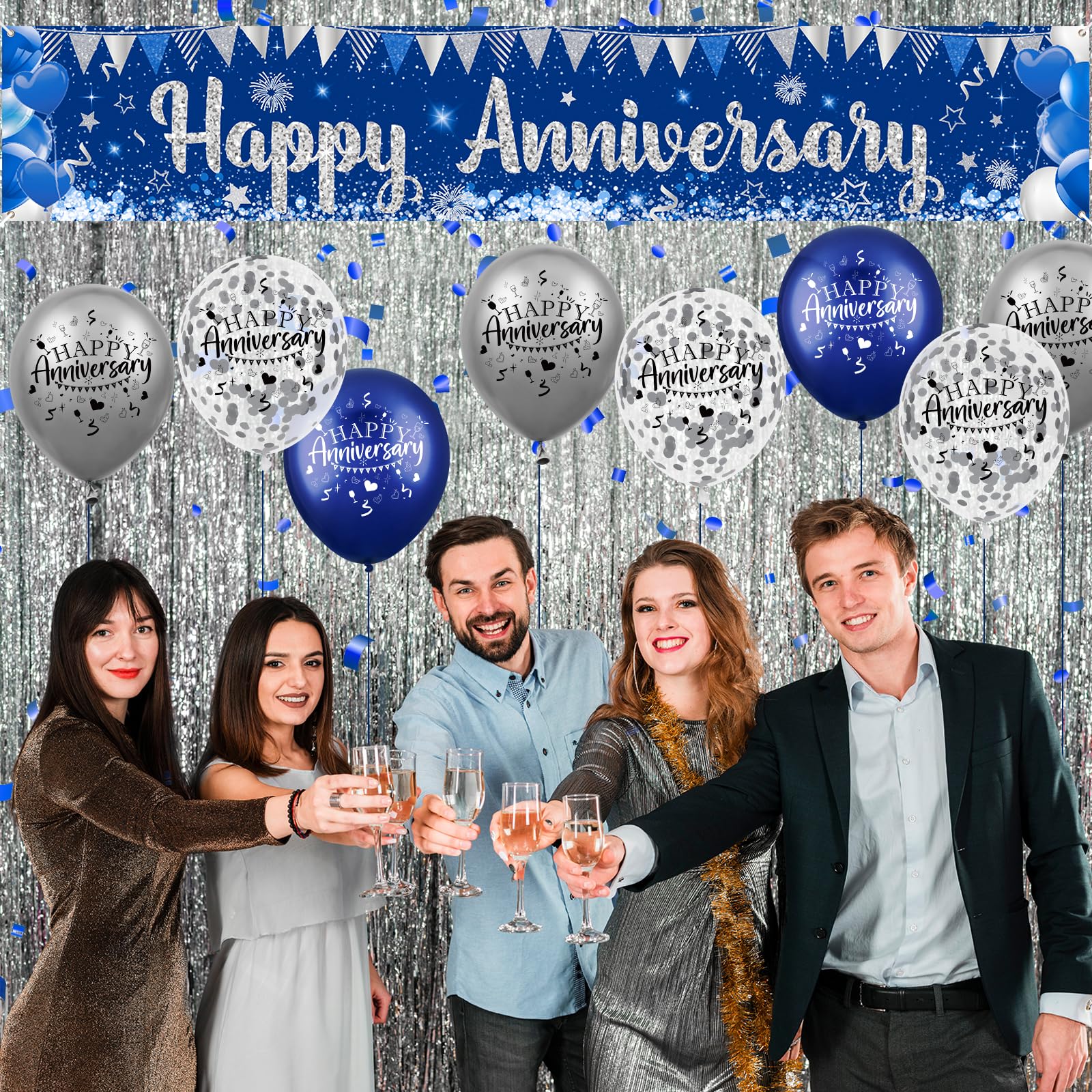 Blue Happy Anniversary Decorations for Men Women, Silver Blue Happy Anniversary Banner 18pcs Silver Navy Blue Happy Anniversary Balloons Party Decor for Wedding Anniversary Decorations Kit Supplies