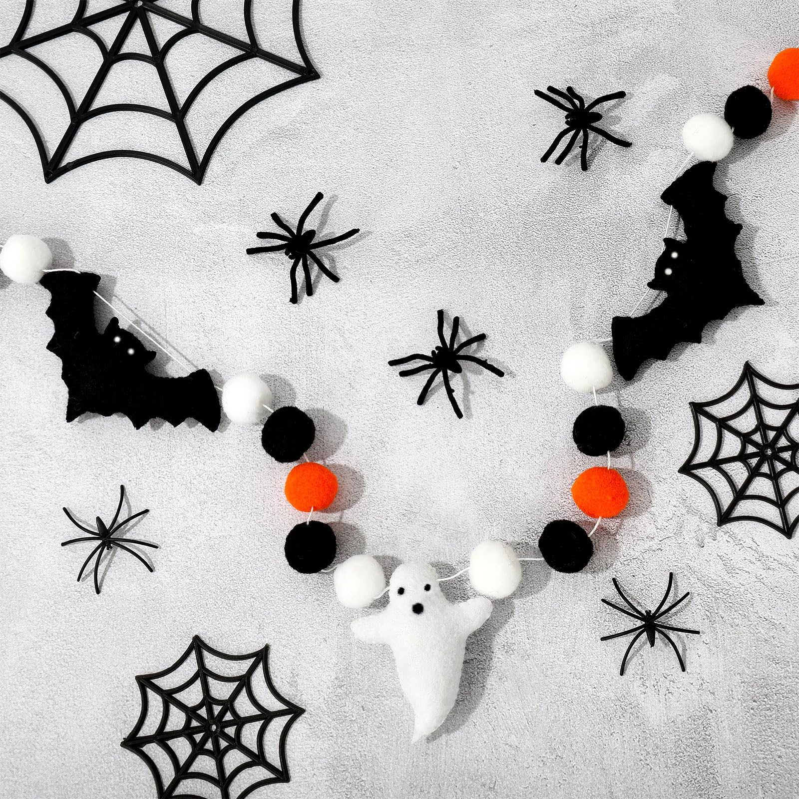 AnyDesign 8.2Ft Halloween Felt Garland Cute 3D Ghosts Bats Hanging Banner Orange White Black Pom Pom Ball Garland for Halloween Party Supplies Fireplace Wall Home Decoration