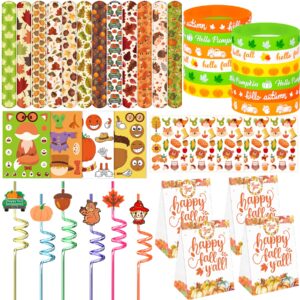 erweicet fall party favors 72 pcs autumn slap bracelet diy stickers plastic straws silicone bracelets tattoo stickers gift bags for kids fall harvest party classroom rewards goodie bag filler