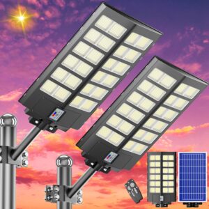 vzyhik 5000w solar street lights outdoor,7000k 480000lm outdoor led street light dusk to dawn, led wide angle lamp with motion sensor and remote control, for parking lot, yard, etc.2-pack