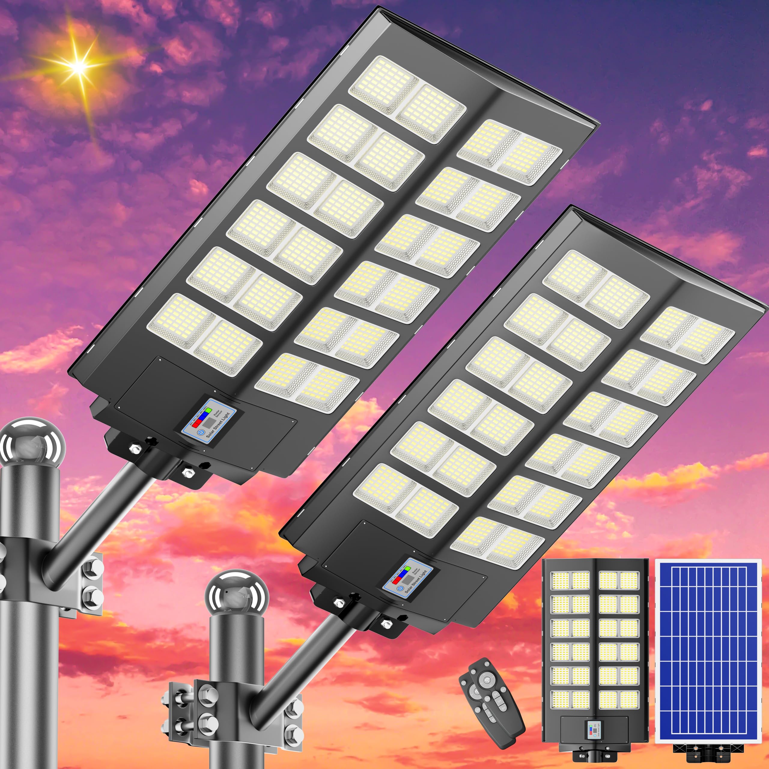 Vzyhik 5000W Solar Street Lights Outdoor,7000K 480000LM Outdoor LED Street Light Dusk to Dawn, LED Wide Angle Lamp with Motion Sensor and Remote Control, for Parking Lot, Yard, etc.2-Pack