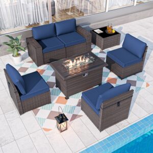 ALAULM 7 Pieces Patio Furniture Set with Propane Fire Pit Table Outdoor Sectional Sofas Outdoor Patio Furniture 43in Gas Fire Pit Patio Conversation Set w/5 Cushions-Navy Blue