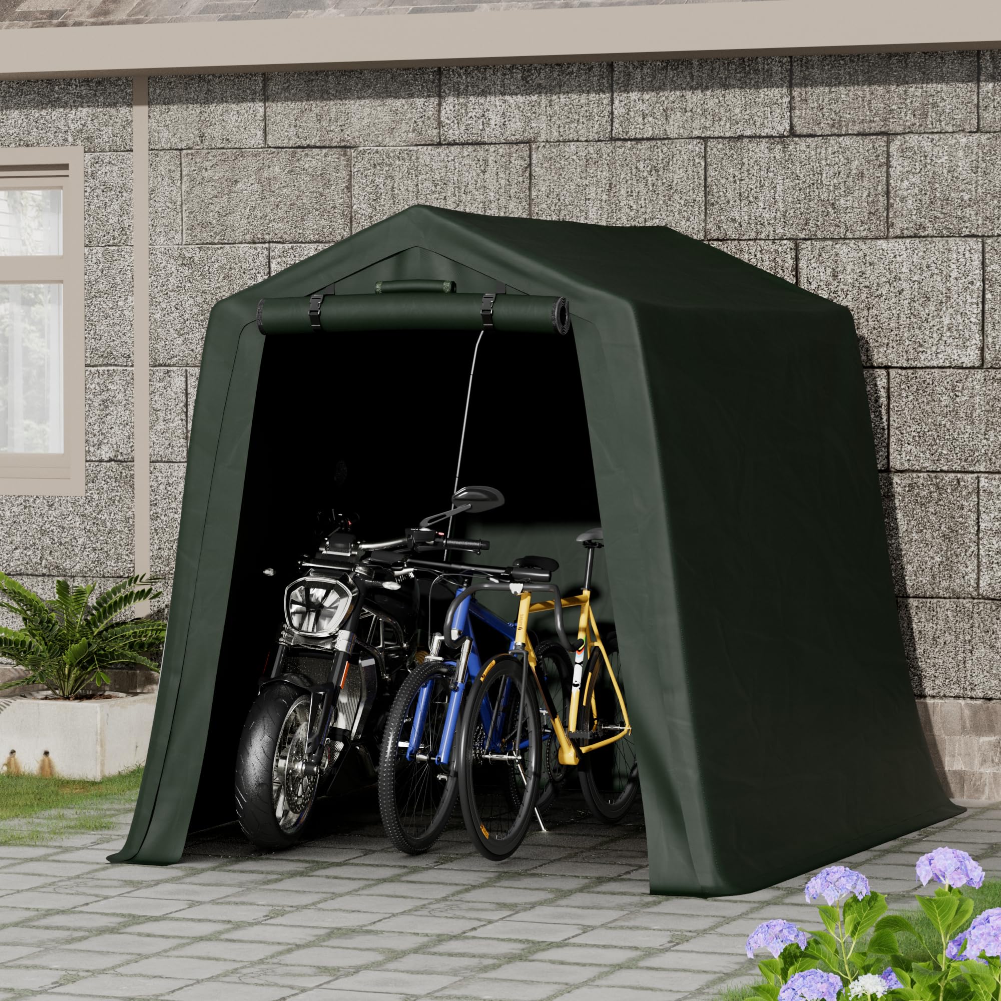 Greesum 6 x 6 ft Storage Shed Canopy Portable Shelter Heavy Duty Outdoor Carport with Roll-up Zipper Door for Bike, Motorcycle, Garden Storage, Waterproof and UV Resistant, Green