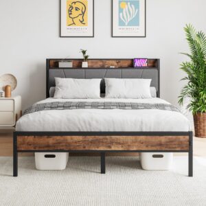 bofeng queen size bed frame with storage headboard/charging station,heavy duty metal upholstered platform bed frames queen size with storage no box spring needed,strong metal slats,noise free,brown