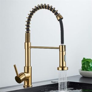 brushed gold kitchen faucet pull down 2-way spray single handle hot cold water mixer tap 360 rotation mixer tap