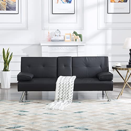 Eafurn Futon Bed Sleeper Loveseat, Convertible Folding Armrest, Adjustable Backrest, Modern 2 Seater Upholstered Love Seat Sofa & Couch for Small Space, Living Room, 66.9", Black 66.9"