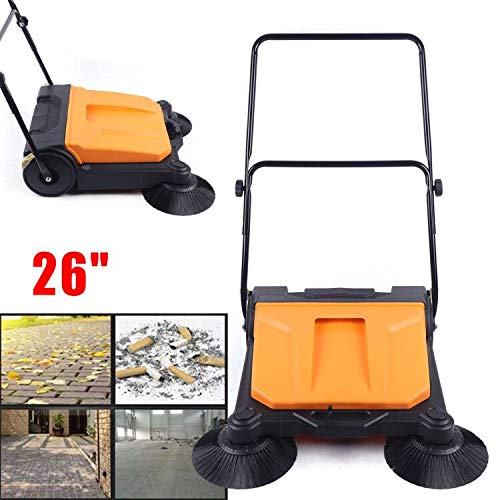 Hand Push Floor Sweeper, 26 Inch 15L Walk-Behind Outdoor and Indoor Push Carpet Sweeper Industrial Manual Push Sweeper Foldable Push Cleaner for Street Garden Warehouse Sweeping Cleaning