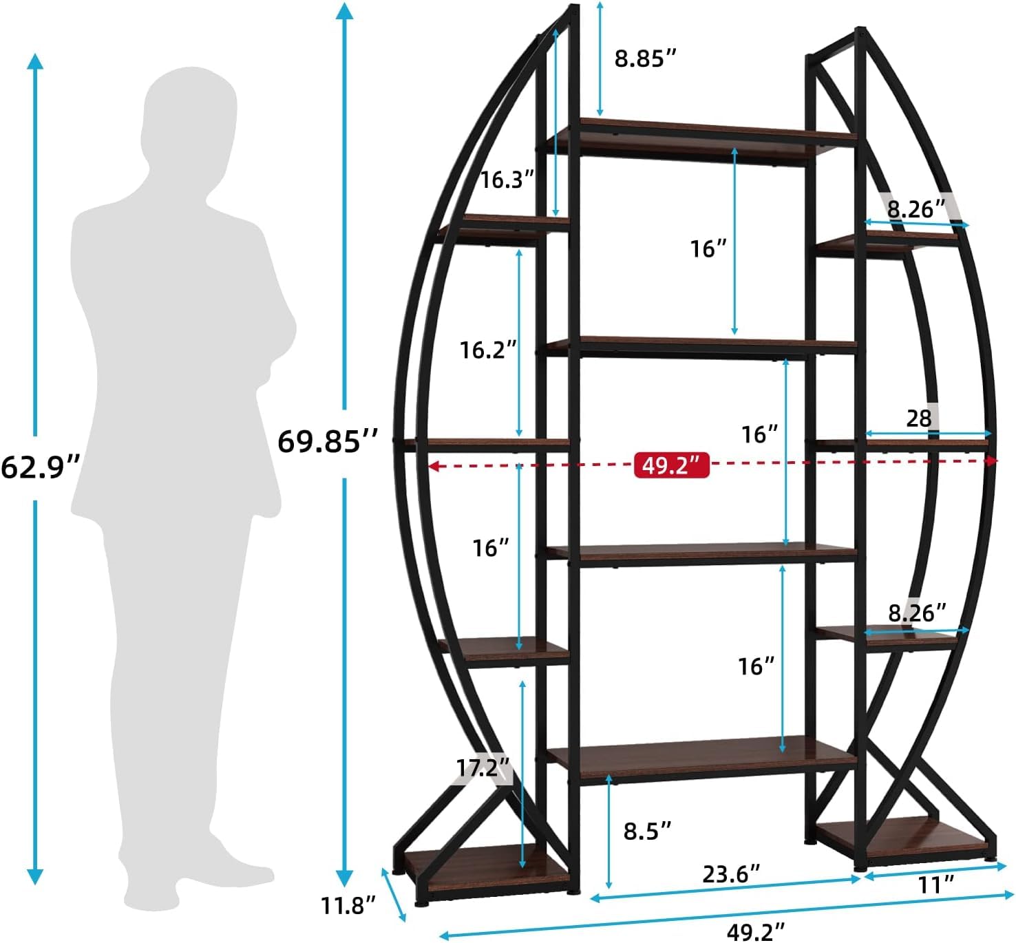 Moozerka Large Oval Bookshelf, 70“ Tall Open 5 Tier Industrial Bookcases, Modern Etagere Bookcase Furniture, Wall Units for Living Room, Bookshelves Display Shelves for Office