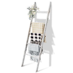 5-Tier Blanket Ladder Wooden, 5.3FT(63'') Blanket Quilt Holder Rack Decorative Ladder, Easy Assembly, Rustic Farmhouse Ladder Shelf for The Living Room Bedroom Bathroom Home Decor, White Wash