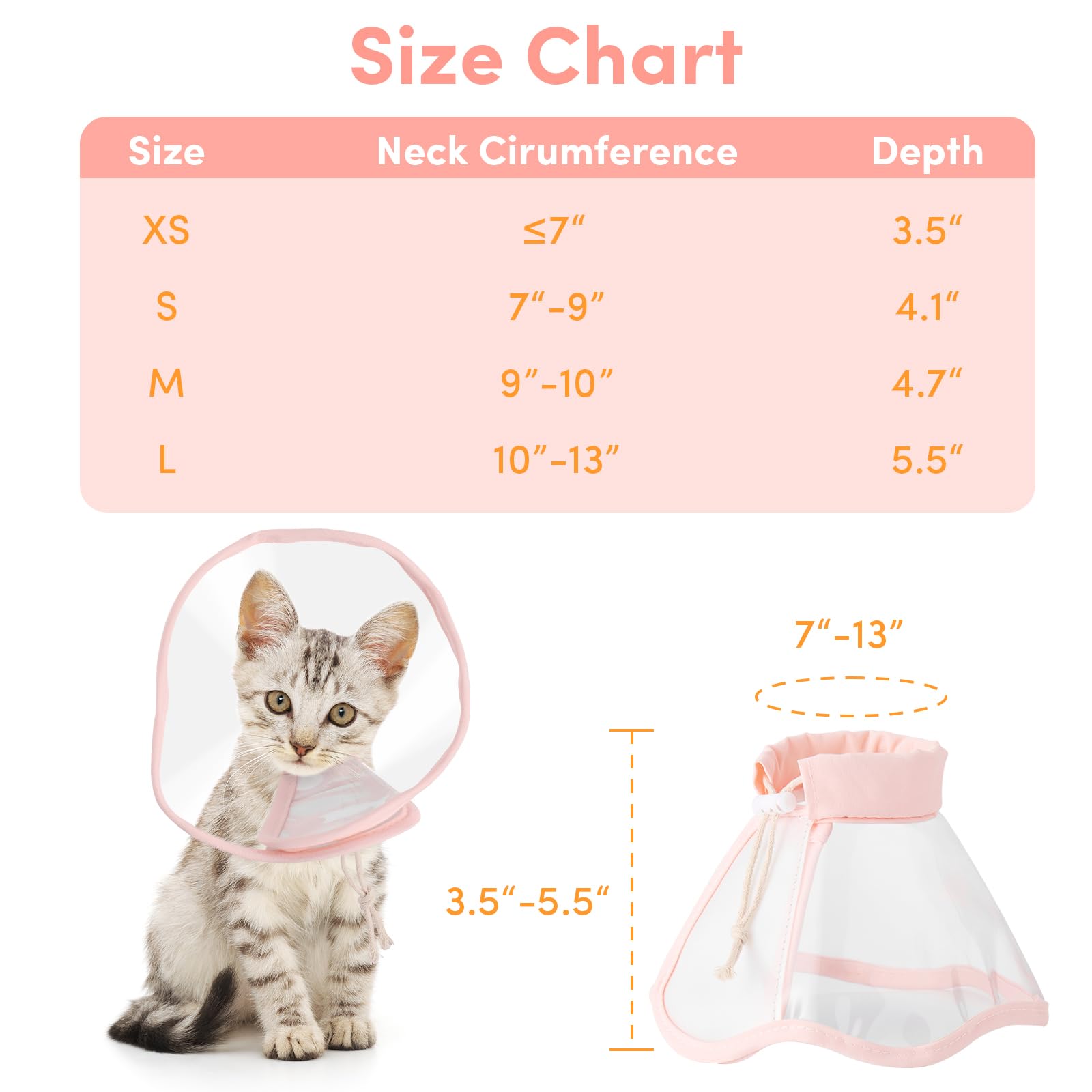 BENCMATE Cat Cone, Drawstrings Cat Cone Collar with Low Noise Fasteners, Transparent Cat Recovery Collar, Licking and Scratching Free Cone, Extra Soft Cat Surgery Collar (Pink,Small)