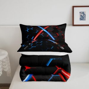 Neon Red Blue Lightsaber Bedding Set Twin Size Geometric Honeycomb Comforter Set 2Pcs for Kids Girls Boys Teens Room Decor Fashion Games Quilt Set Black 3D Hexagon Duvet Insert,1 Pillowcase