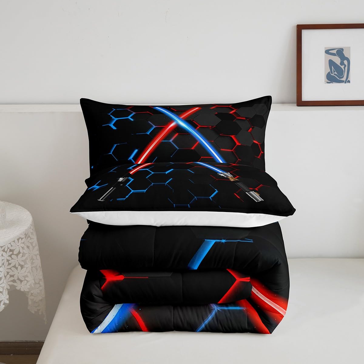 Neon Red Blue Lightsaber Bedding Set Twin Size Geometric Honeycomb Comforter Set 2Pcs for Kids Girls Boys Teens Room Decor Fashion Games Quilt Set Black 3D Hexagon Duvet Insert,1 Pillowcase