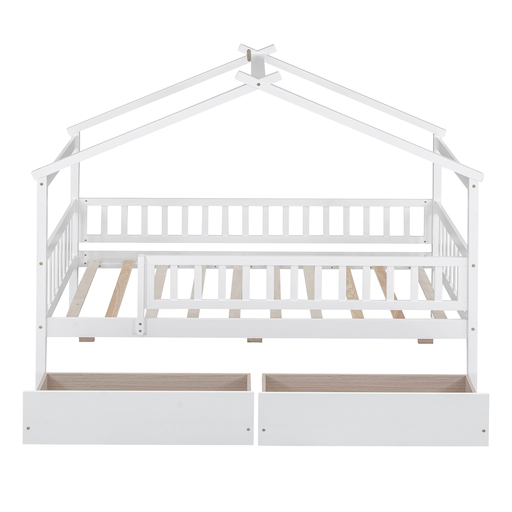 BestLM Twin Size Wooden House Bed with Two Storage Drawers for Kids, Wood Platform Bed Frame with Fence, Roof, and Safety Guardrail for Kids, Teens, Girls, Boys, White