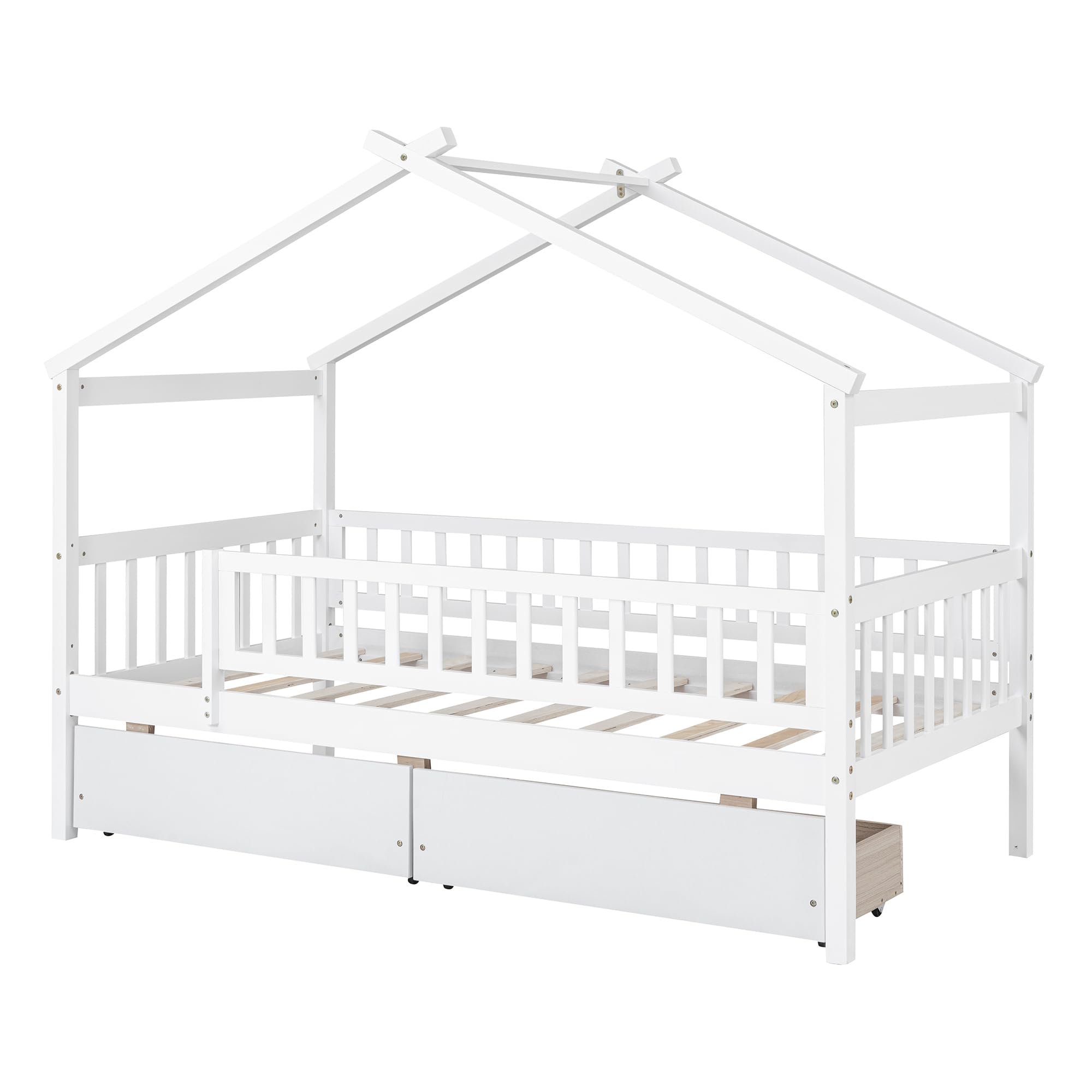 BestLM Twin Size Wooden House Bed with Two Storage Drawers for Kids, Wood Platform Bed Frame with Fence, Roof, and Safety Guardrail for Kids, Teens, Girls, Boys, White