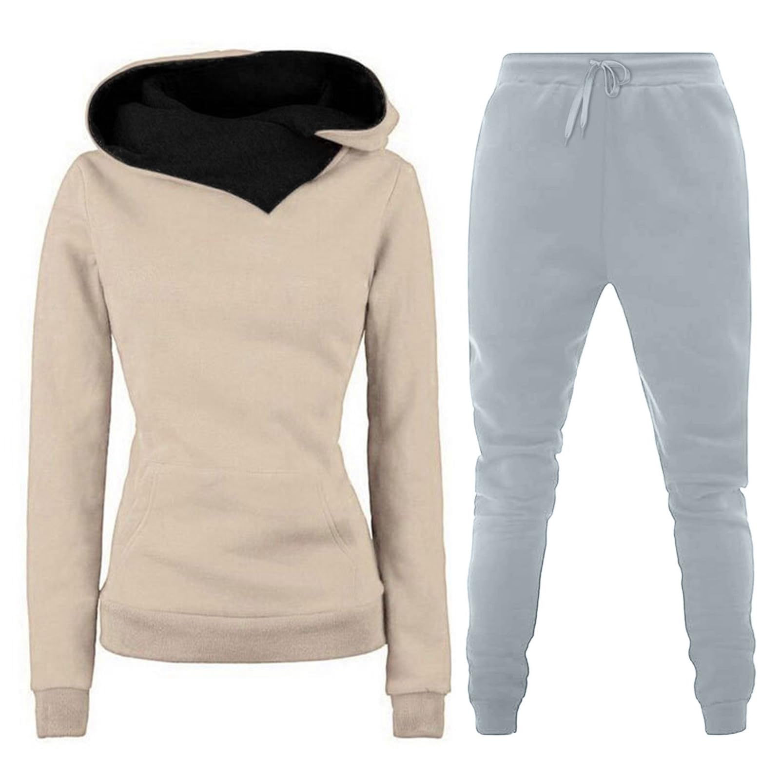 Womens Crewneck Sweatshirt Cowl Neck Color Block Sweatshirt Sets Women 2 Piece Outfits Tracksuits Long Sleeve Long Pants Casual Sweatshirt 3-Gray