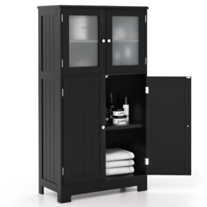 costway bathroom storage cabinet, wooden linen storage organizer cupboard with doors & adjustable shelf, freestanding floor cabinet for living room, kitchen, entryway, office (black)