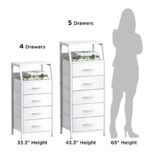 Dresser with 4 Drawers, Fabric Storage Tower for Bedroom, White Clothes Storage Drawers, Vertical Closet Organizer for Kids Room, Entryway, Nightstand Bedside Table, Sturdy Steel Frame & Wooden Top