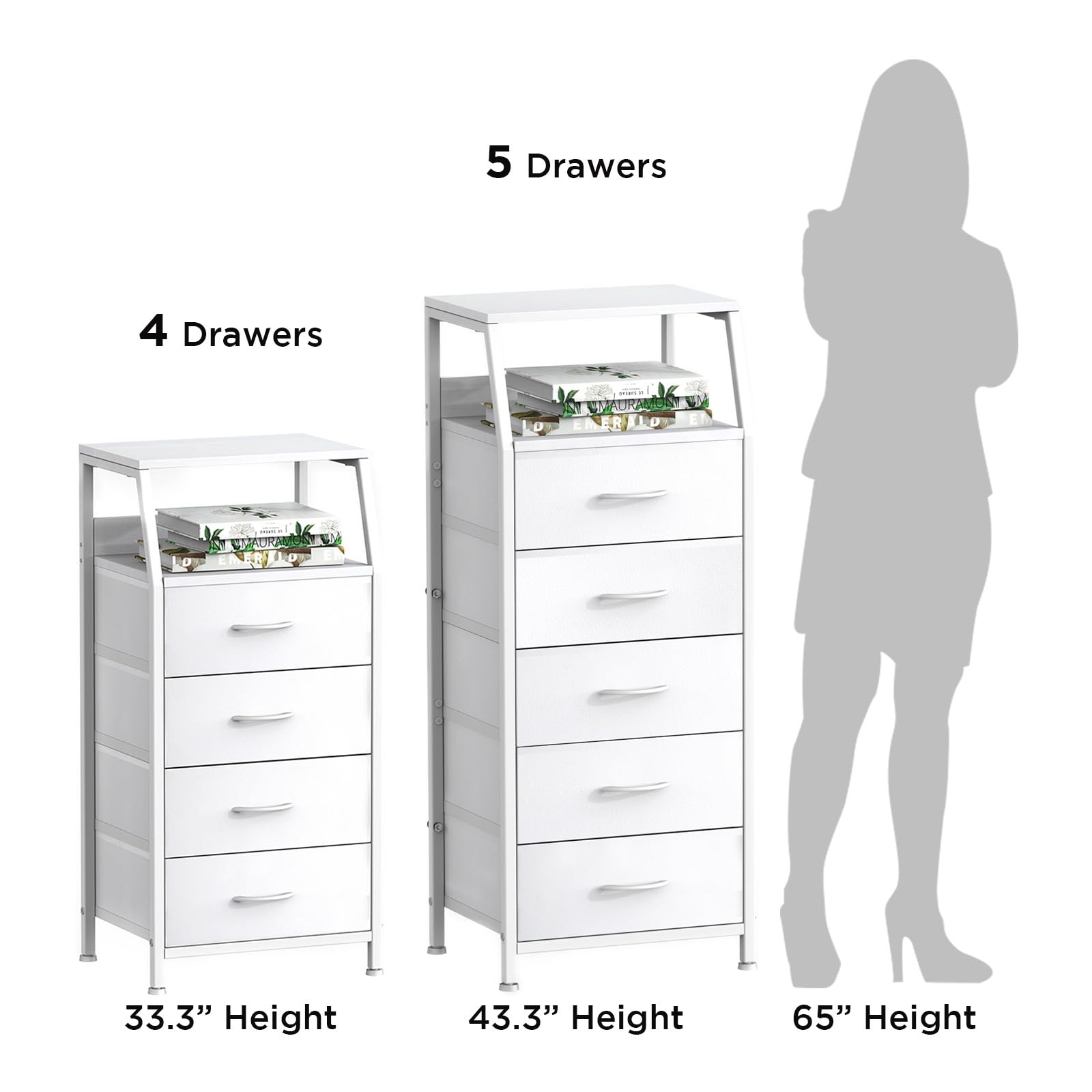 Dresser with 4 Drawers, Fabric Storage Tower for Bedroom, White Clothes Storage Drawers, Vertical Closet Organizer for Kids Room, Entryway, Nightstand Bedside Table, Sturdy Steel Frame & Wooden Top