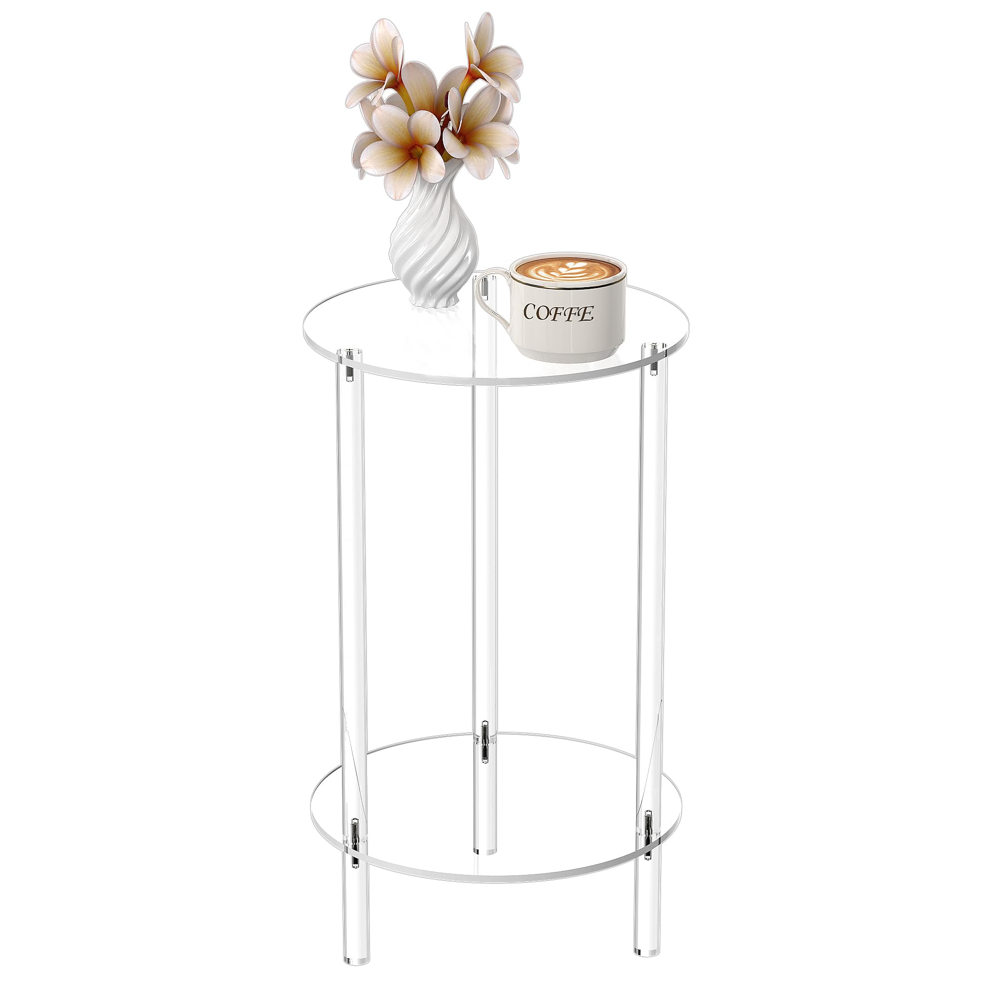 HMYHUM Acrylic Round Side Table for Small Spaces, 11.8" L x 11.8" W x 20.2" H, Small Nightstand/Bedside/End Table for Living Room, Bedroom, 2-Tier, Clear