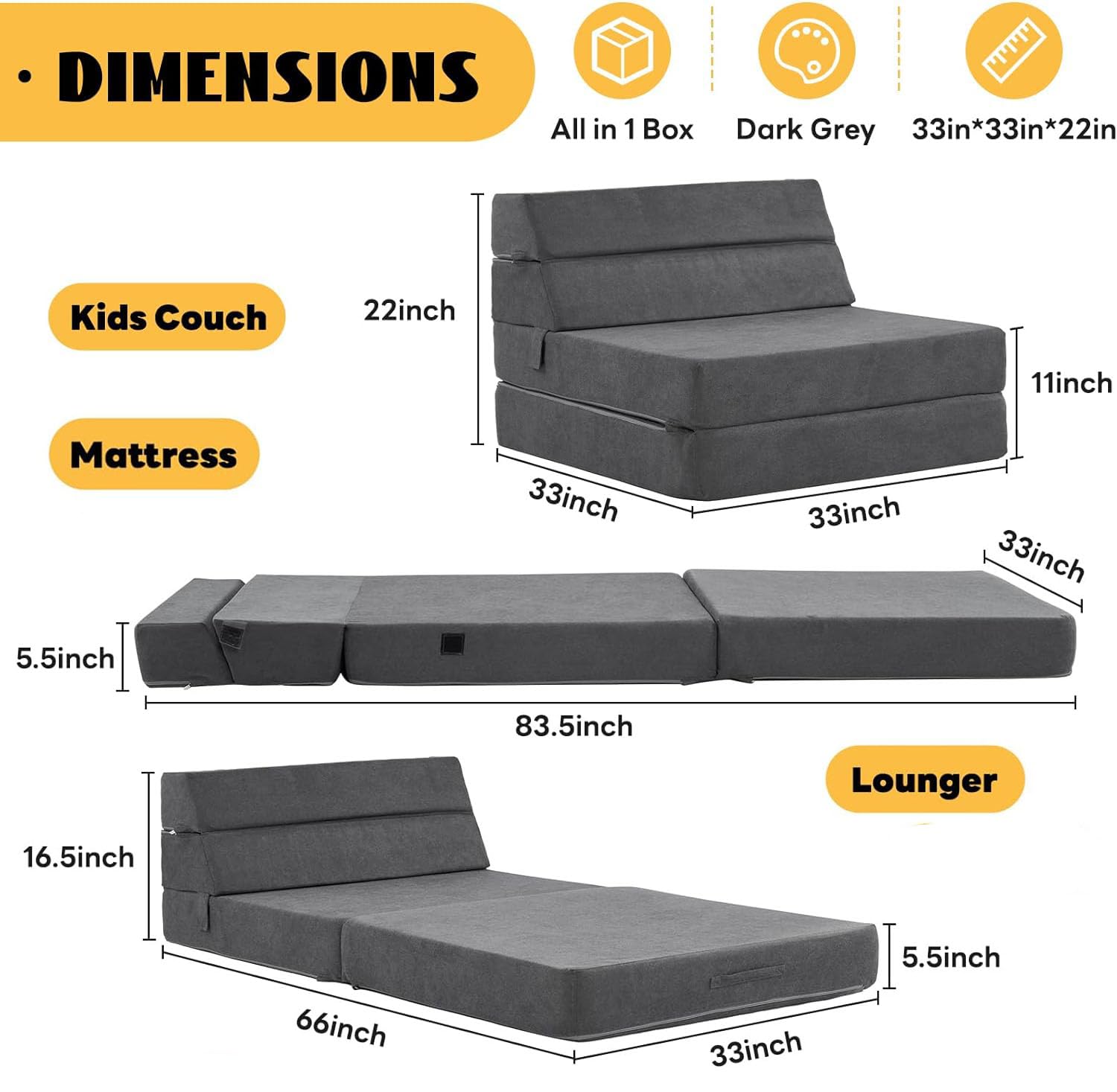 jela Sofa Bed Foldable Mattress Luxury Miss Fabric, Folding Sleeper Sofa Chair Bed Floor Mattress Floor Couch, Fold Out Couch Futon Mattress for Guest Room, Living Room (83"x33",Dark Gray)