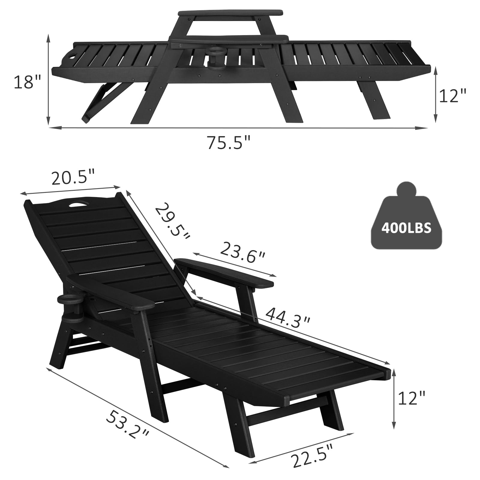 nalone Chaise Lounge Set of 2 Outdoor with 5-Position Adjustable Backrest, HDPE Lounge Chair for Outside Supports Up to 400 LBS, Pool Lounge Chairs for Patio Poolside Deck Beach Backyard (Black)