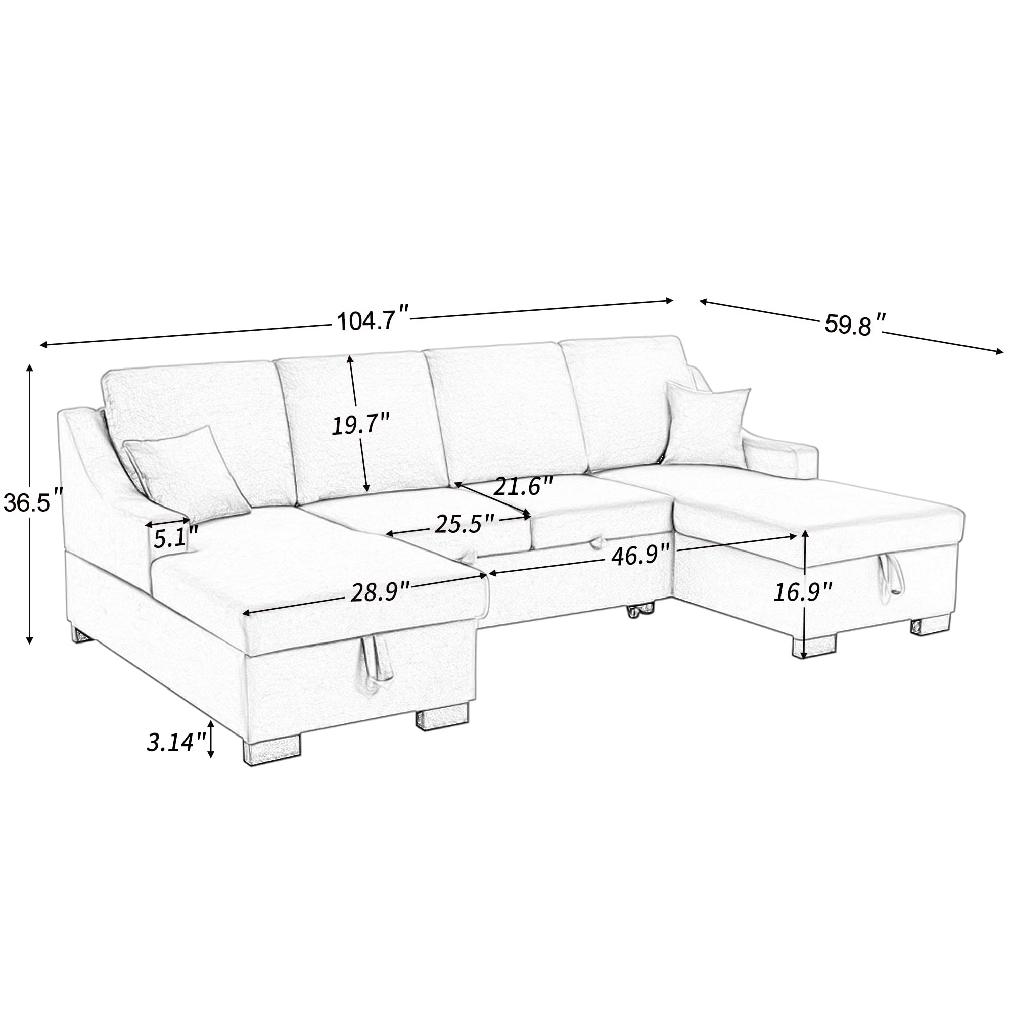 LUMISOL U Shape Sleeper Sectional Sofa, Convertible Sofa Bed with Double Storage Chaise, Modern Upholstered Sofa Couch with Pull Out Sofa Bed and 2 Tossing Cushions for Living Room Apartment, Grey