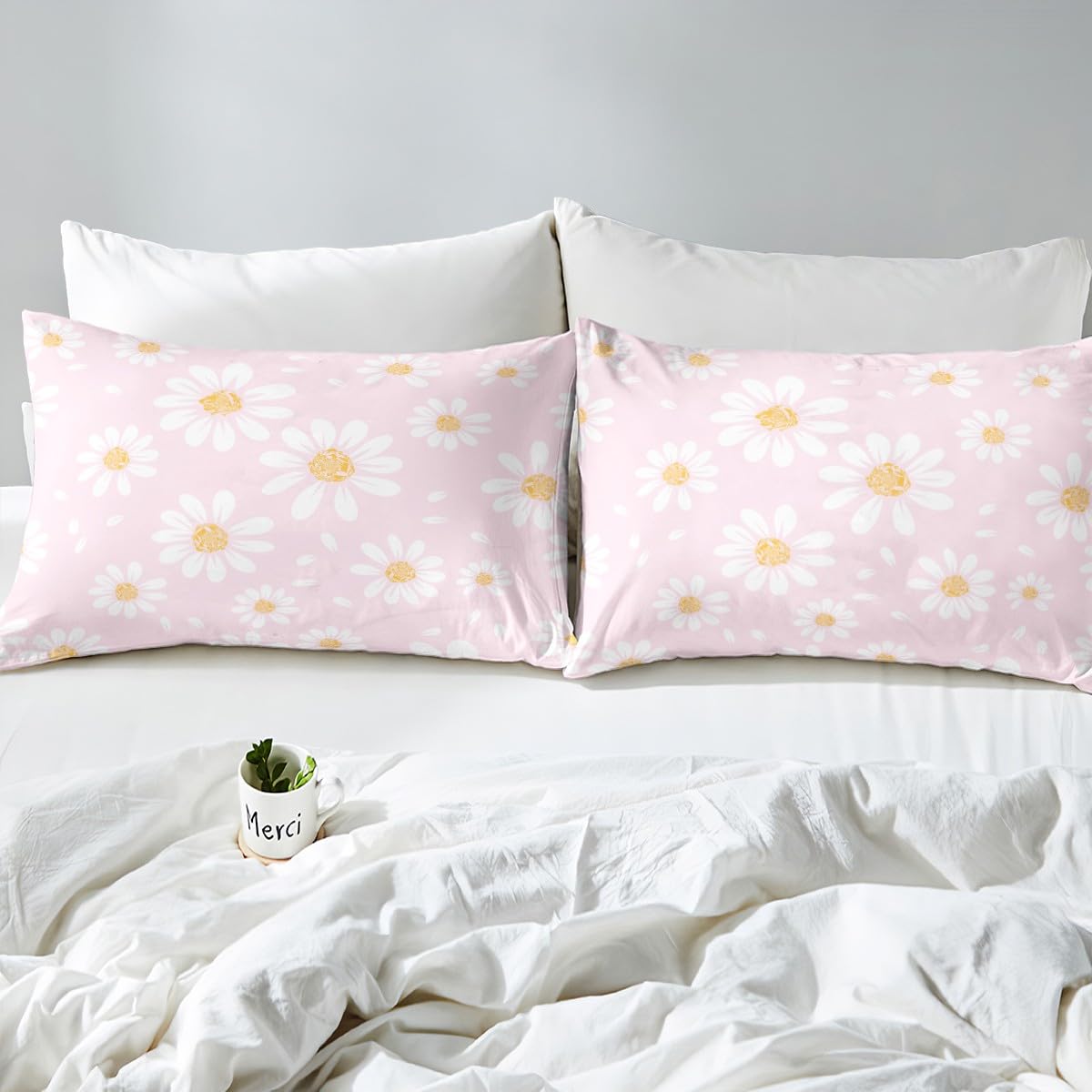 White Daisy Kids Fitted Sheet Full Size,Flowers Plants Rustic Farmhouse Bedding Set,Girls Boys Adults Room Decor,Botanical Florals Theme Bed Cover,Pink Romantic Bed Sheet,2 Pillowcases（Not Flat Sheet）