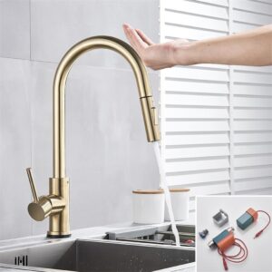 brushed smart touch on kitchen faucet sensor 360 rotation pull out single handle mixer tap two water